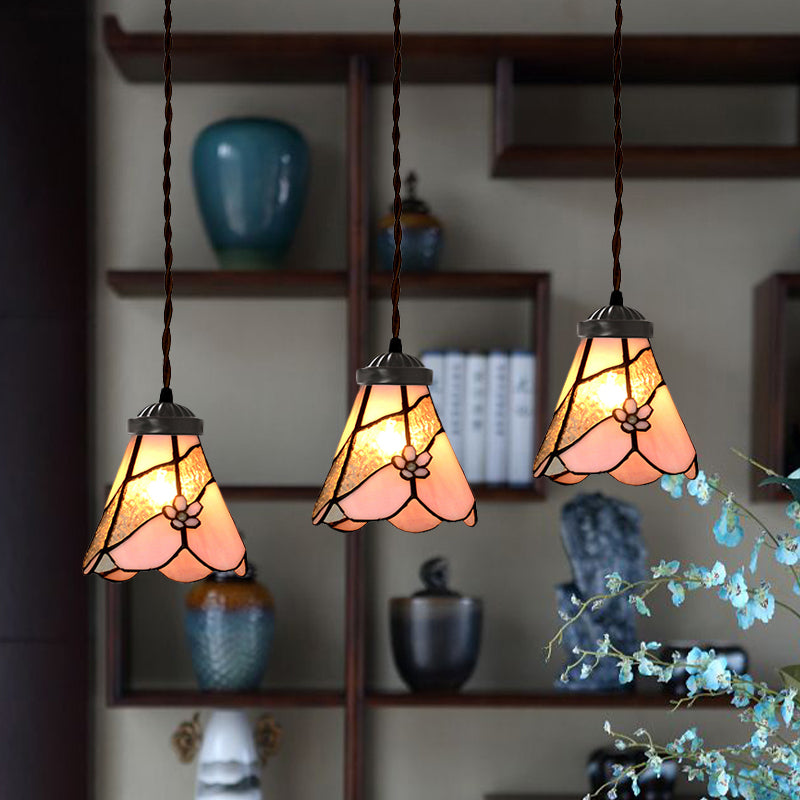 Bowl/Morning Glory Multi-Light Pendant 3 Bulbs Pink Stained Glass ...