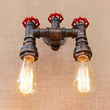 Loft Industrial Pipe Wall Lighting Fixture with Valve Wheel 2 Lights ...