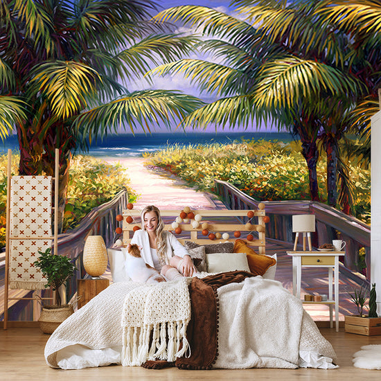 Tropical Mural Wallpaper Light Color Coconut Tree and Road Customized ...