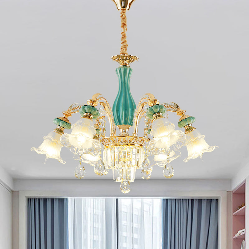 6-Head Drooping Flower Chandelier Retro Gold-Teal Frosted Glass ...