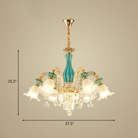 6-Head Drooping Flower Chandelier Retro Gold-Teal Frosted Glass ...