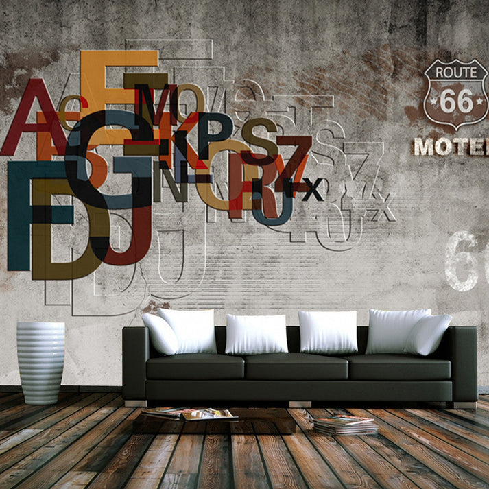 Retro Letter and Cement Mural Wallpaper in Grey Coffee Shop Wall ...