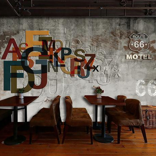 Retro Letter and Cement Mural Wallpaper in Grey Coffee Shop Wall ...