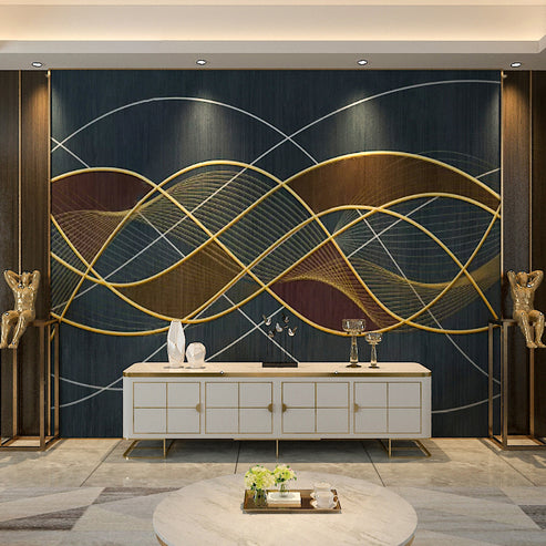 Modern Swirling Line Mural Wallpaper Dark Blue Coffee Shop Wall ...