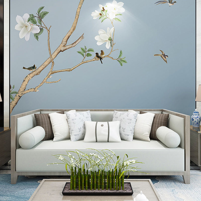 Fresh Blue Wall Covering with Magnolia Pattern for Coffee Shop, Non ...