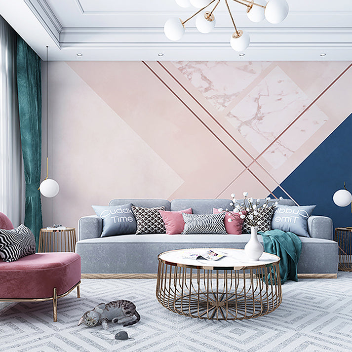 Minimalist Color Block Mural Wallpaper in Pink and Blur Living Room ...