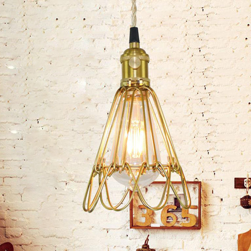 Brass Wire Frame Hanging Light with Ruffled Edge Vintage Metallic 1 ...