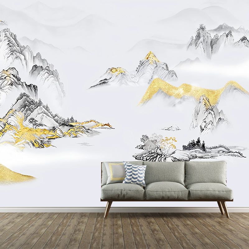 Large Asia Inspired Wall Art Grey and Gold Mountain Wall Mural, Custom ...
