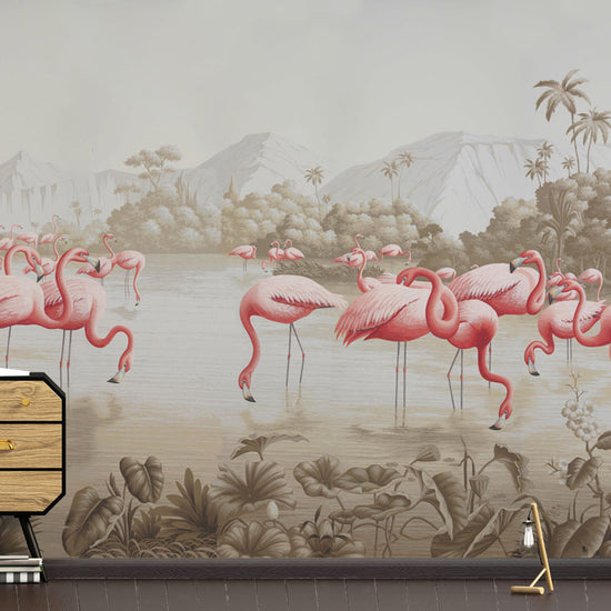 Full Size Flamingo Wall Mural in Pink and Brown Non-Woven Fabric Wall ...