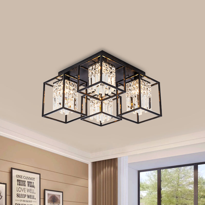 Cuboid Shade Semi Mount Lighting Modernist 4 Lights Black Flush Ceiling ...